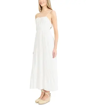 THE GOOD JOURNEY Sleeveless Tiered Midi Dress With Front Tie