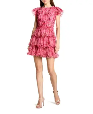 Mac Duggal Floral High Neck Ruffle Mini Dress - Pink Multi