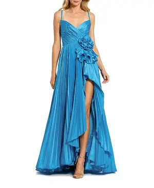 Mac Duggal V-neck Pleated Charmeuse Gown With Floral Applique And High-low Skirt