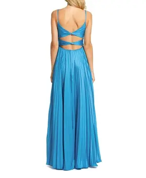Mac Duggal V-neck Pleated Charmeuse Gown With Floral Applique And High-low Skirt