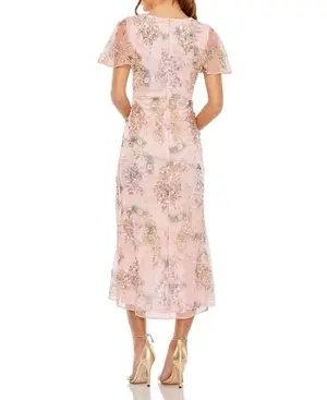 Mac Duggal Embellished Floral Flutter Sleeve Midi Dress - Rose