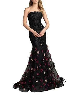 Mac Duggal Strapless Embroidered Mermaid Gown With 3d Floral Appliqués - Black Multi