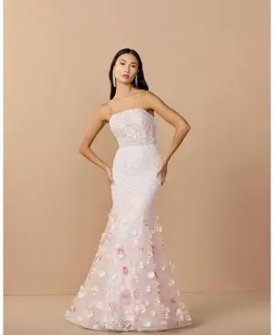 Mac Duggal Strapless Embroidered Mermaid Gown With 3d Floral Appliqués