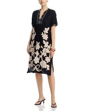 Johnny Was Embroidered Linen Henley Midi Dress - Black