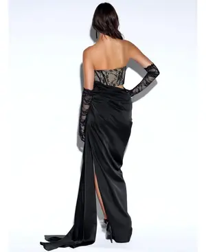 MISS CIRCLE NEW YORK Lace Satin Corset Gown With High Slit - Black