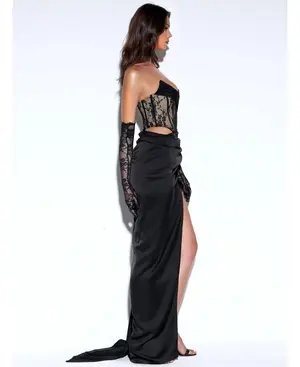 MISS CIRCLE NEW YORK Lace Satin Corset Gown With High Slit - Black