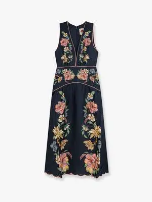 Farm Rio Maira Long Linen Floral Print Dress - Blue