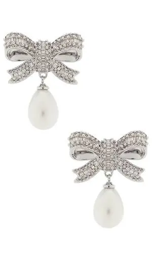 SELF-PORTRAIT Crystal Bow Pearl Droplet Earrings - Silver