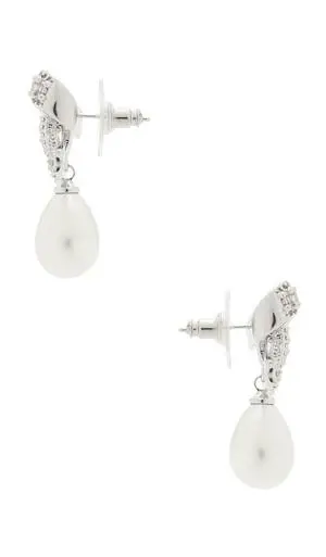 SELF-PORTRAIT Crystal Bow Pearl Droplet Earrings - Silver