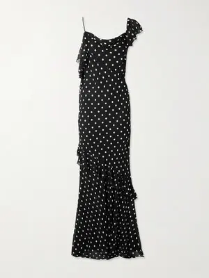 SELF-PORTRAIT One-shoulder Asymmetric Ruffled Polka-dot Maxi Dress