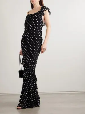 SELF-PORTRAIT One-shoulder Asymmetric Ruffled Polka-dot Maxi Dress
