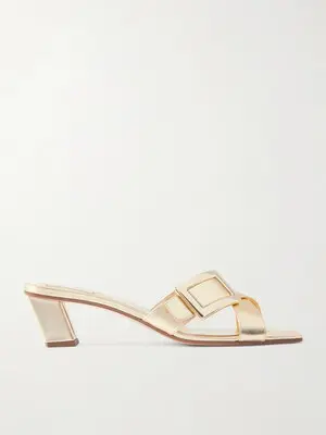 ROGER VIVIER Buckled Metallic Leather Mules