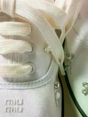 Miu Miu Embroidered Crystal Embellished Canvas Sneakers - White