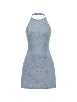 SELF-PORTRAIT Rhinestone Croc-effect Denim Mini Dress - Blue