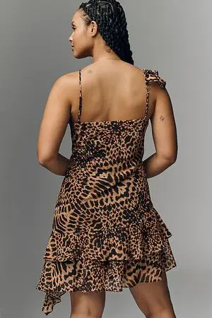 Anthropologie Asymmetrical Ruffle Animal Print Mini Dress