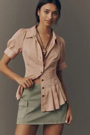 PILCRO Waisted Puff-sleeve Buttondown Top - Light Tan