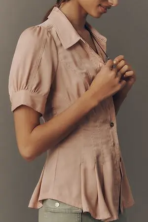 PILCRO Waisted Puff-sleeve Buttondown Top - Light Tan