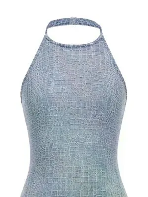 SELF-PORTRAIT Rhinestone Croc-effect Denim Mini Dress
