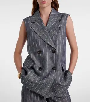 Max Mara Ballo Pinstripe Double-breasted Linen Vest - Blue