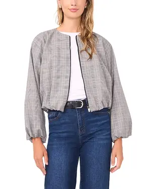 Vince Camuto Cropped Checkered Long Sleeve Zip-up Jacket - Rich Black