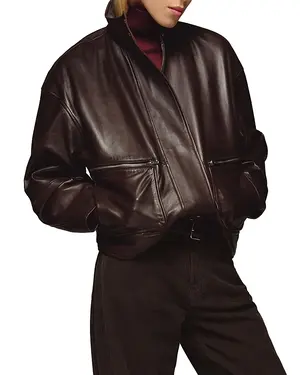 REFORMATION Leather Oversized Bomber Jacket - Cocoa