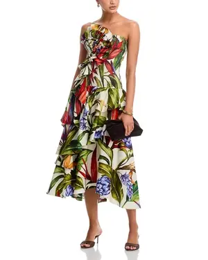 Farm Rio Florart Strapless Tiered Midi Dress - Sand