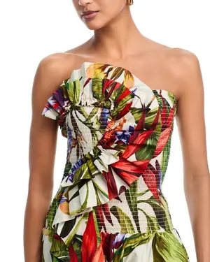 Farm Rio Florart Strapless Tiered Midi Dress - Sand