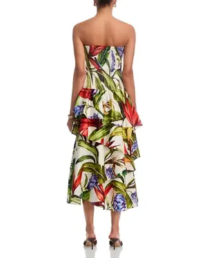 Farm Rio Florart Strapless Tiered Midi Dress - Sand