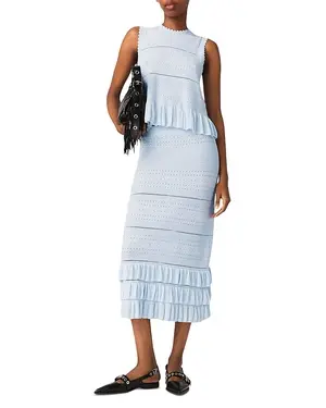 Maje Long Ruffled Knit Skirt - Blue Sky