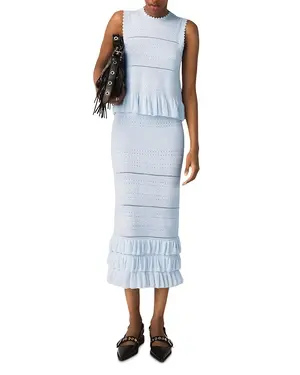 Maje Long Ruffled Knit Skirt - Blue Sky