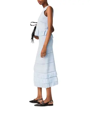 Maje Long Ruffled Knit Skirt - Blue Sky