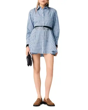 Maje Rhinestone Trim Cotton Shirt Dress - Blue Check Print