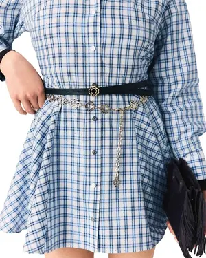 Maje Rhinestone Trim Cotton Shirt Dress - Blue Check Print