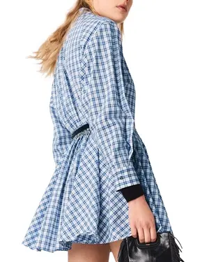 Maje Rhinestone Trim Cotton Shirt Dress - Blue Check Print