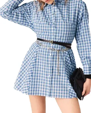 Maje Rhinestone Trim Cotton Shirt Dress - Blue Check Print