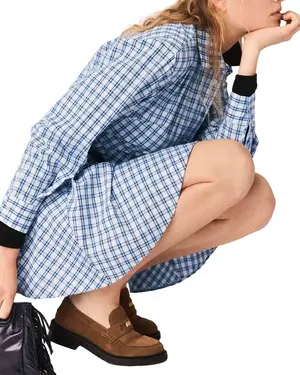 Maje Rhinestone Trim Cotton Shirt Dress - Blue Check Print