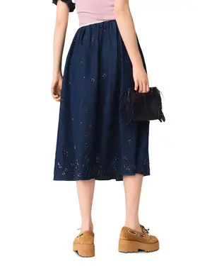 Maje Embroidered Denim Midi Skirt - Navy