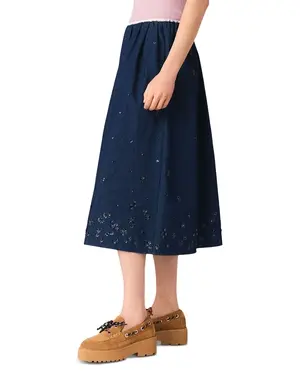 Maje Embroidered Denim Midi Skirt - Navy