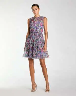 Mac Duggal Multicolor Micro Ruffle Floral A-line Mini Dress - Purple