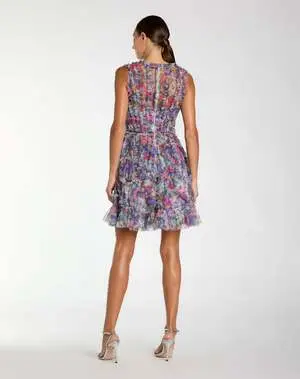 Mac Duggal Multicolor Micro Ruffle Floral A-line Mini Dress - Purple