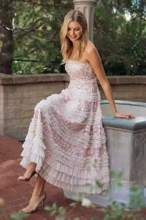 Mac Duggal Floral Embroidered Strapless Ruffle Maxi Dress