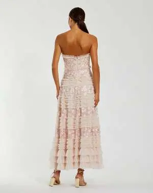 Mac Duggal Floral Embroidered Strapless Ruffle Maxi Dress