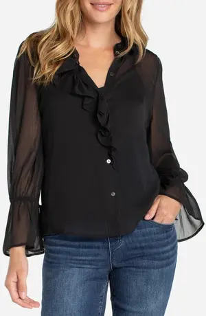 LIVERPOOL Ruffle Front Button Down Shirt - Black