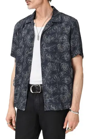John Varvatos Dan Print Modal Camp Shirt - Black