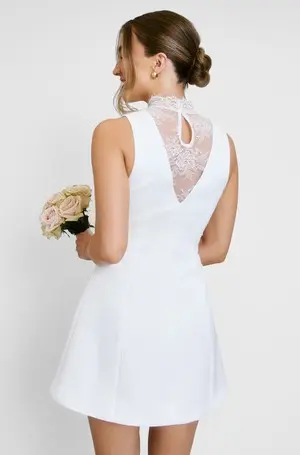 SIX STORIES Lace High Neck A-line Mini Dress