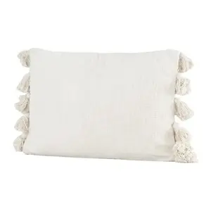 STORIED HOME Woven Cotton Slub Lumbar Pillow With Tassels - Cream