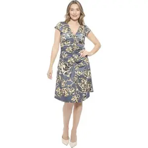 24SEVEN COMFORT APPAREL Floral V-neck Knee Length Dress - Grey Multi