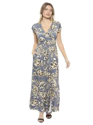 24SEVEN COMFORT APPAREL Floral V-neck Cap Sleeve Maxi Dress With Pocket - Grey Multi