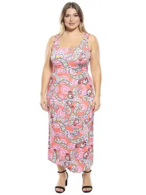 24SEVEN COMFORT APPAREL Paisley Print Tank Maxi Dress - Orange Multi