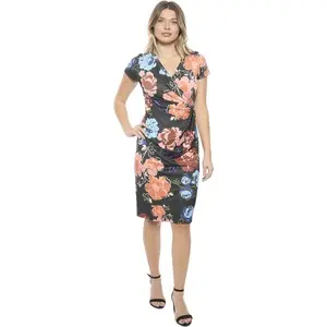 24SEVEN COMFORT APPAREL Floral V-neck Faux Wrap Knee Length Dress - Black Multi